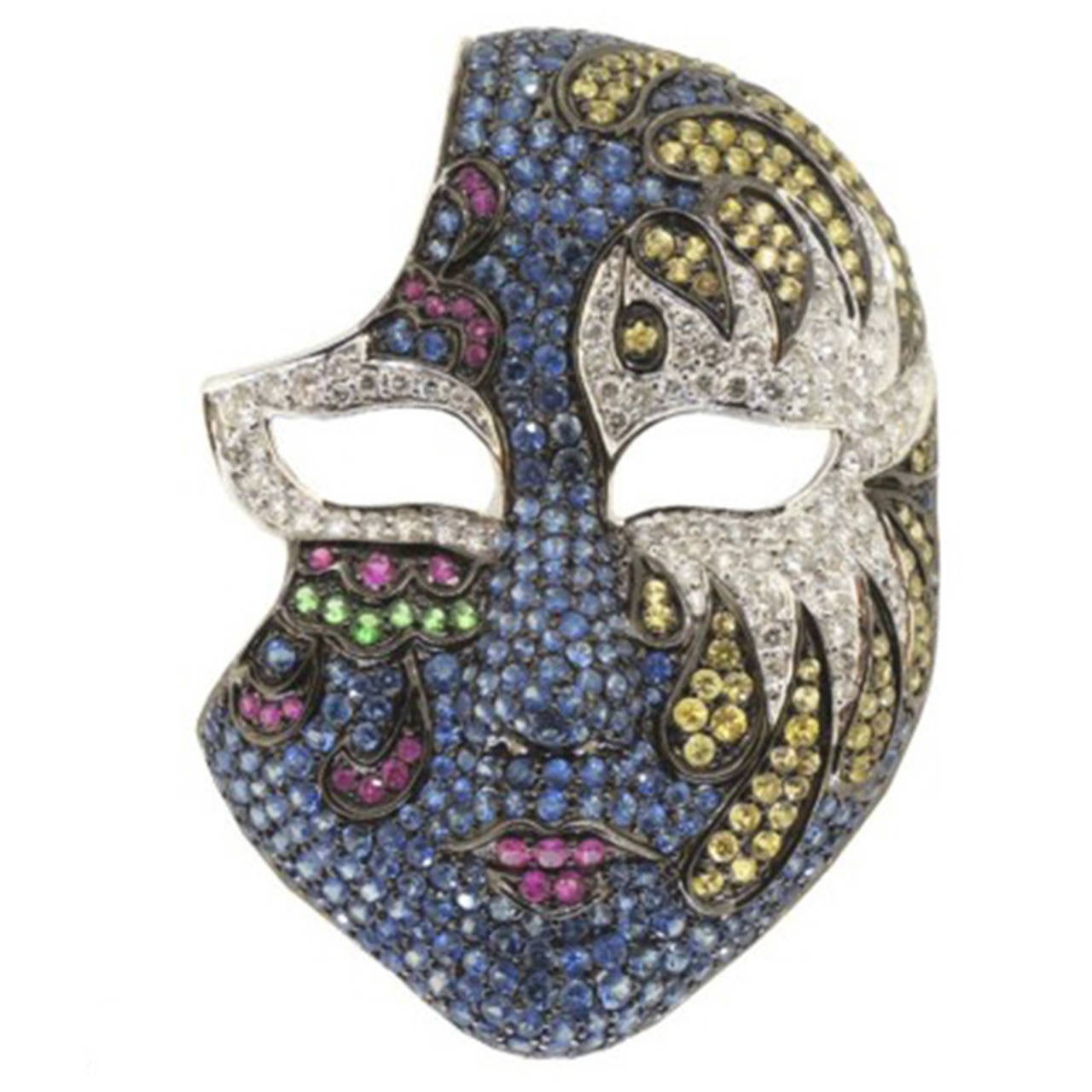 Fabulous Gemstone Sapphire Diamond Gold Face Mask Pin For Sale at 1stdibs