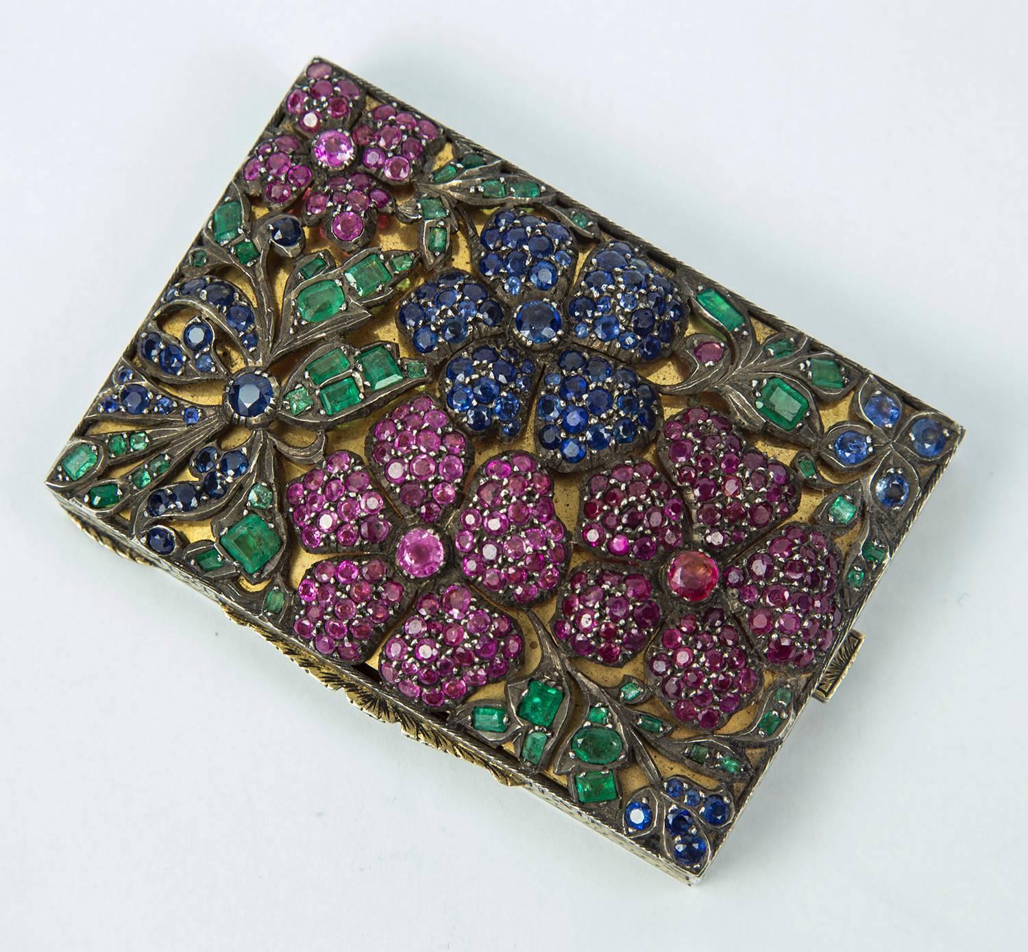 Fabulous 1930s Sapphire Emerald Ruby Silver Vanity Compact Box at 1stdibs
