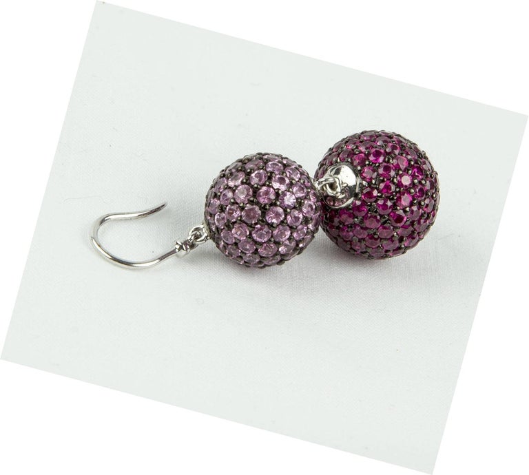 Ruby Pink Sapphire Pavé Gold Ball Drop Earrings For Sale at 1stDibs