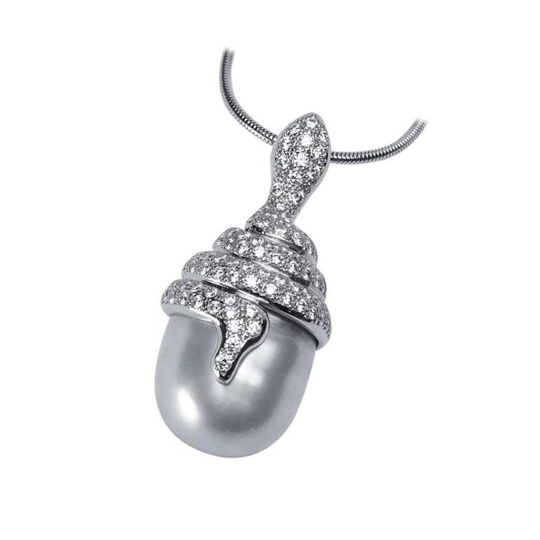 South Sea Pearl Diamond Gold Serpent Snake Pendant Necklace Fine Estate ...