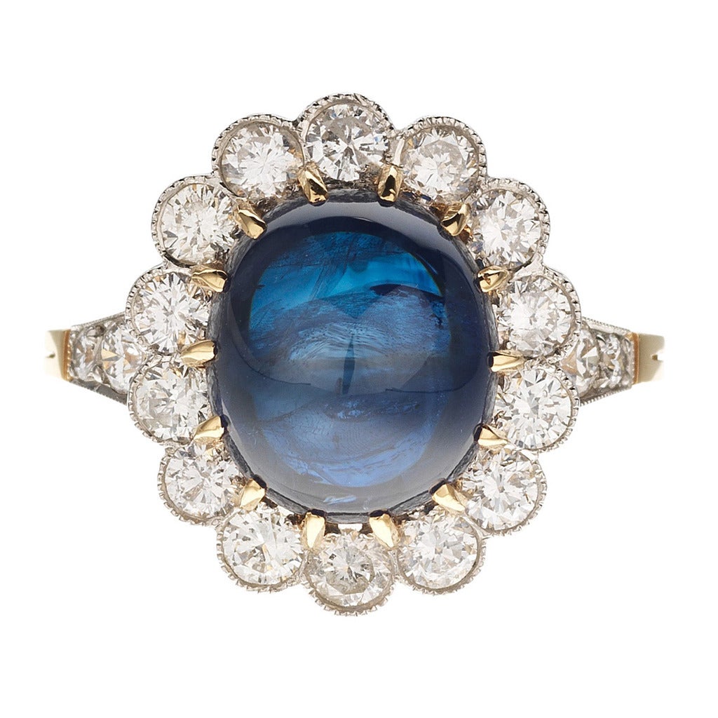 French Cabochon Sapphire Diamond Gold Platinum Cluster Ring For Sale at ...