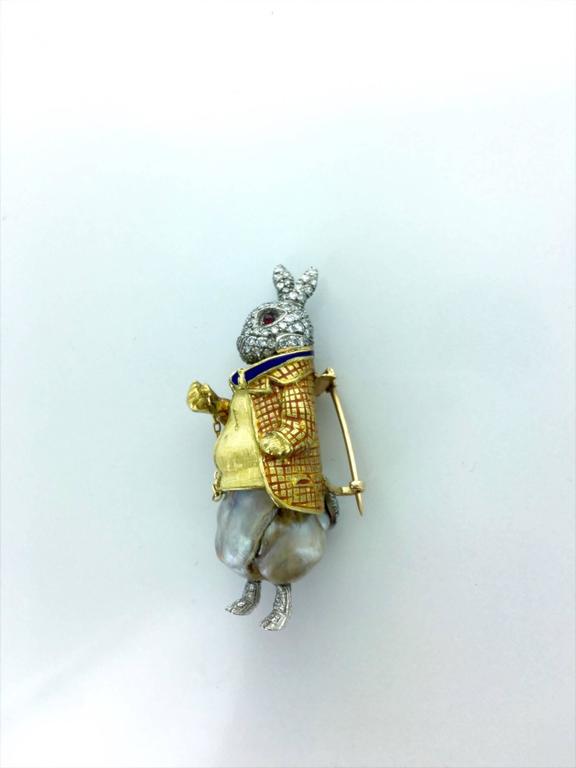 Unique Diamond Gold Platinum Enameled White Rabbit Brooch For Sale at ...