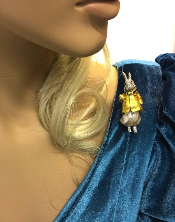 Unique Diamond Gold Platinum Enameled White Rabbit Brooch For Sale at ...