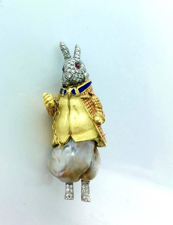 Unique Diamond Gold Platinum Enameled White Rabbit Brooch For Sale at ...