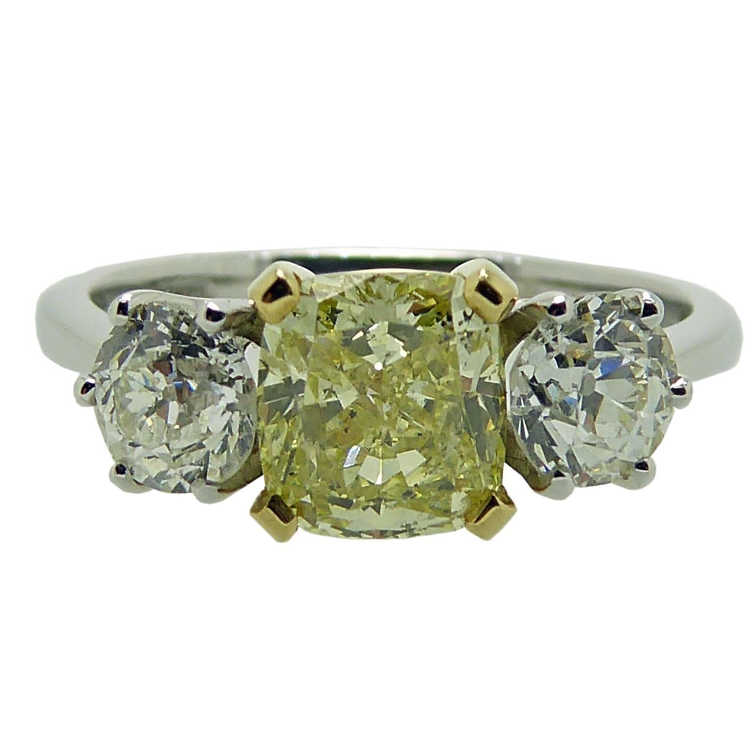 Scarselli Six Carat Fancy Yellow Cushion Cut Diamond Ring in Platinum ...