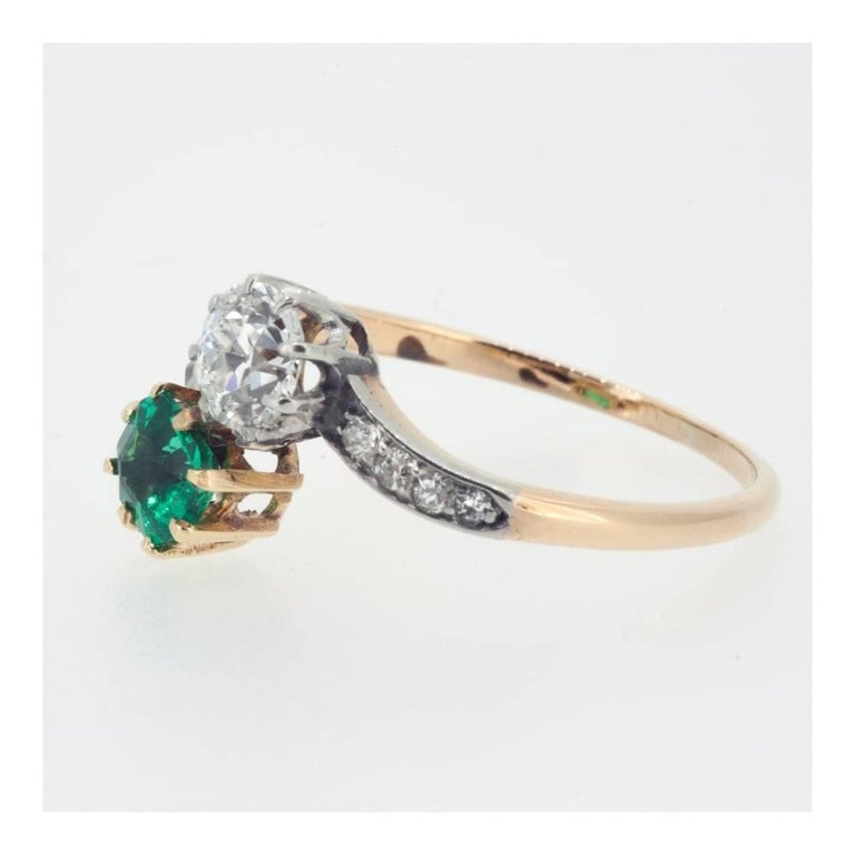 Art Deco Engagement Ring, Emerald Diamond Two-Stone Cross over Twist at ...