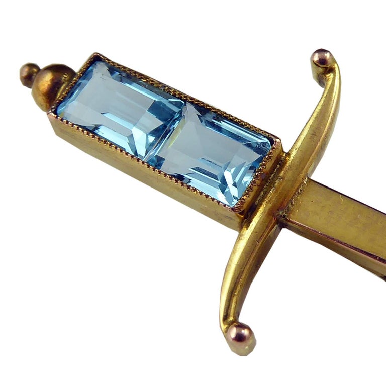 Edwardian Dagger Brooch in 9 Carat Gold with Blue Emerald Cut Paste ...