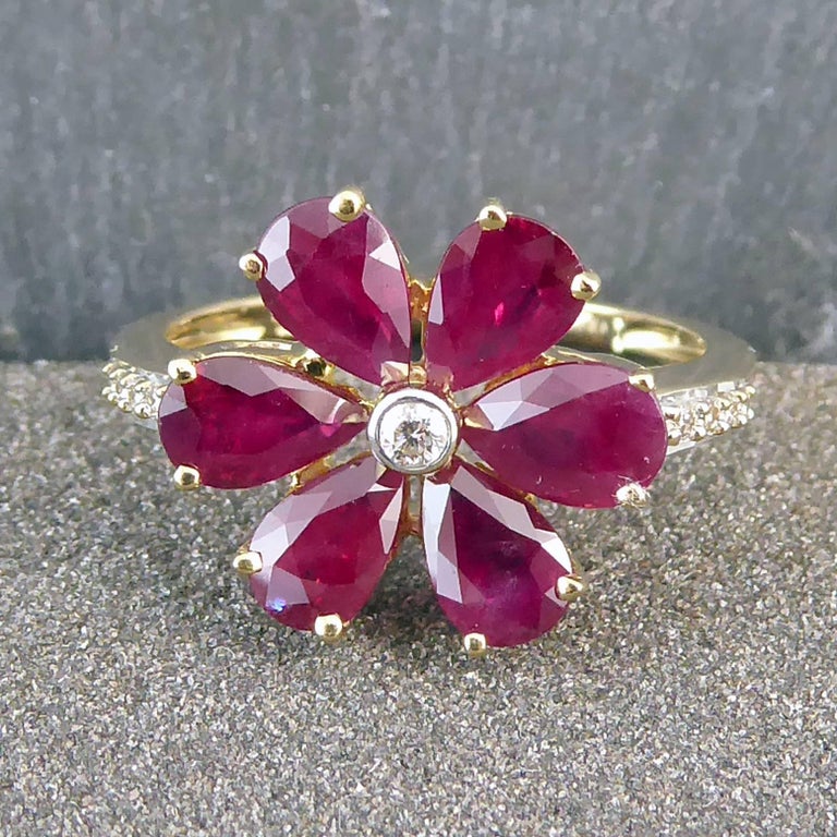Vintage Ruby Diamond Cluster Ring, Daisy Design, Diamond Shoulders, 18 ...