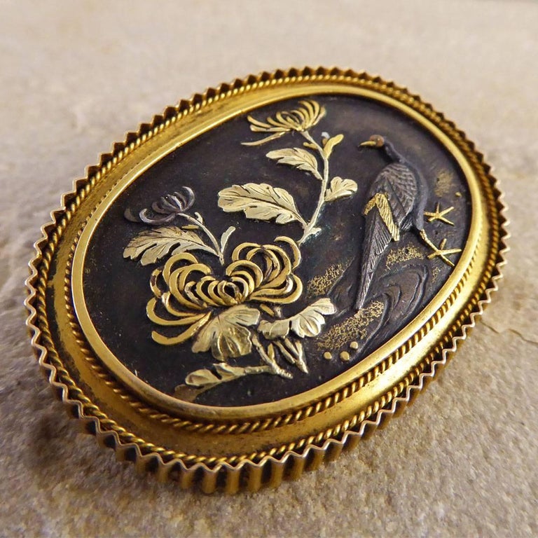 Beautiful Victorian Japanese Shakudo Bird Brooch in 15 Carat Gold at ...