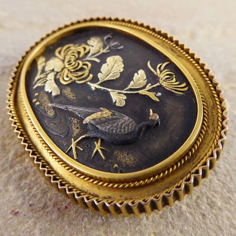 Beautiful Victorian Japanese Shakudo Bird Brooch in 15 Carat Gold at ...
