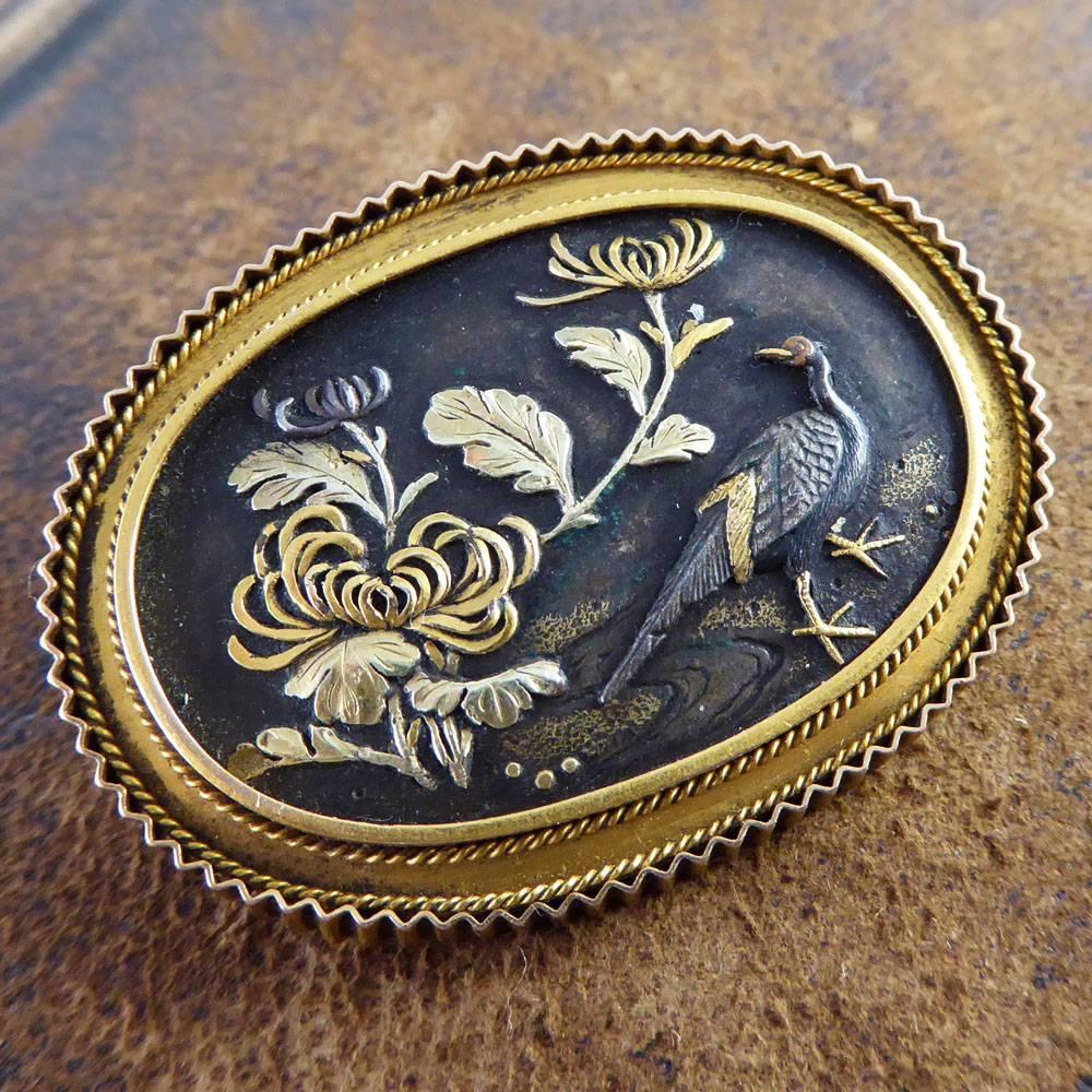 Beautiful Victorian Japanese Shakudo Bird Brooch in 15 Carat Gold at ...