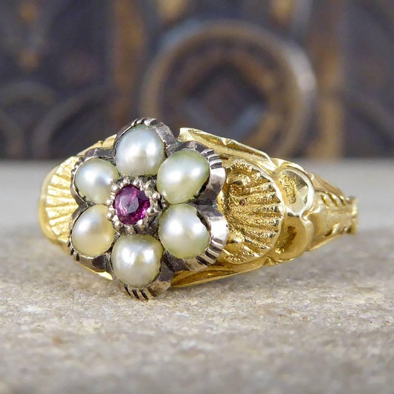 Antique Ruby and Pearl Flower Cluster Ring in 15 Carat Gold at 1stDibs