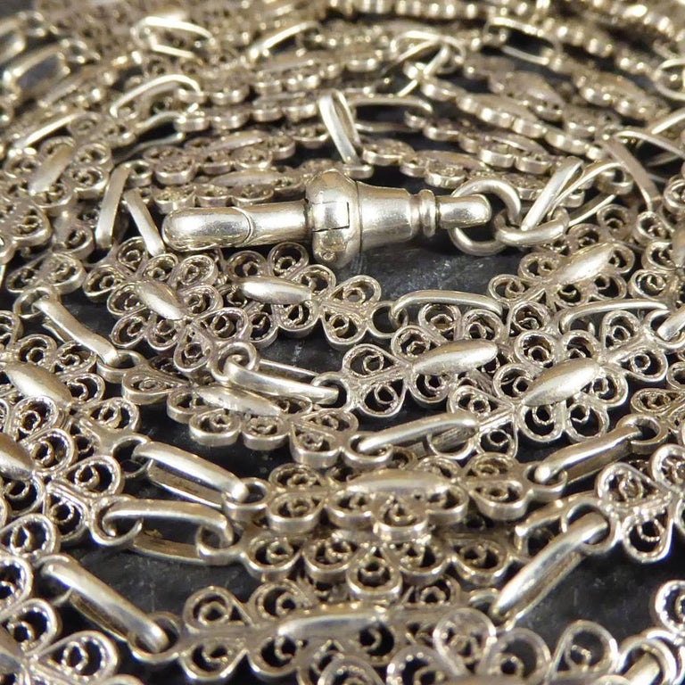 Late Victorian Long Silver Guard Chain with Decorative Links at 1stDibs