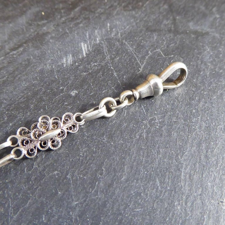 Late Victorian Long Silver Guard Chain with Decorative Links at 1stDibs