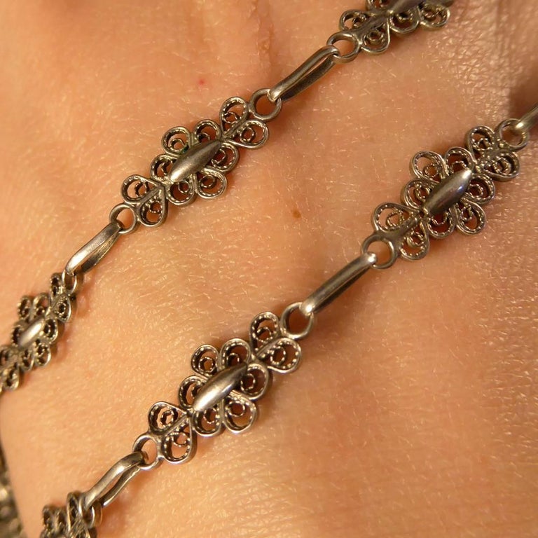 Late Victorian Long Silver Guard Chain with Decorative Links at 1stDibs