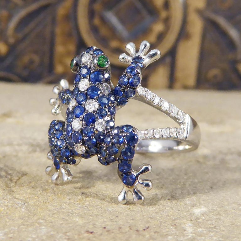 Sapphire and Diamond Set Frog Ring in 18 Carat White Gold at 1stDibs