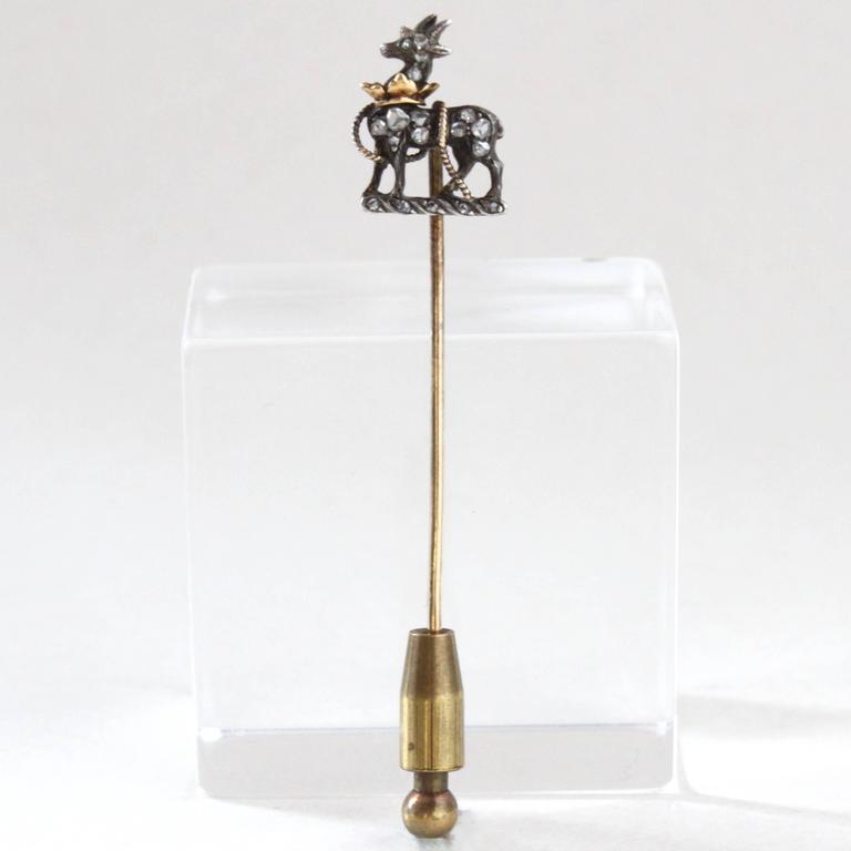 Victorian Noble Crest Diamond Silver Gold Stag and Crown Stick Pin at ...
