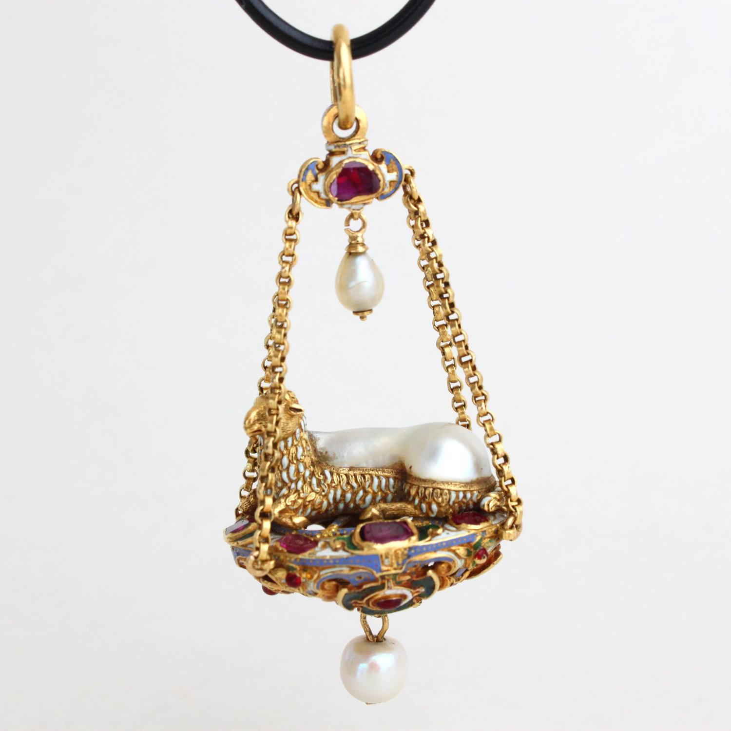 Rare Lamb of God Pearl Ruby Enamel Gold Pendant For Sale at 1stdibs