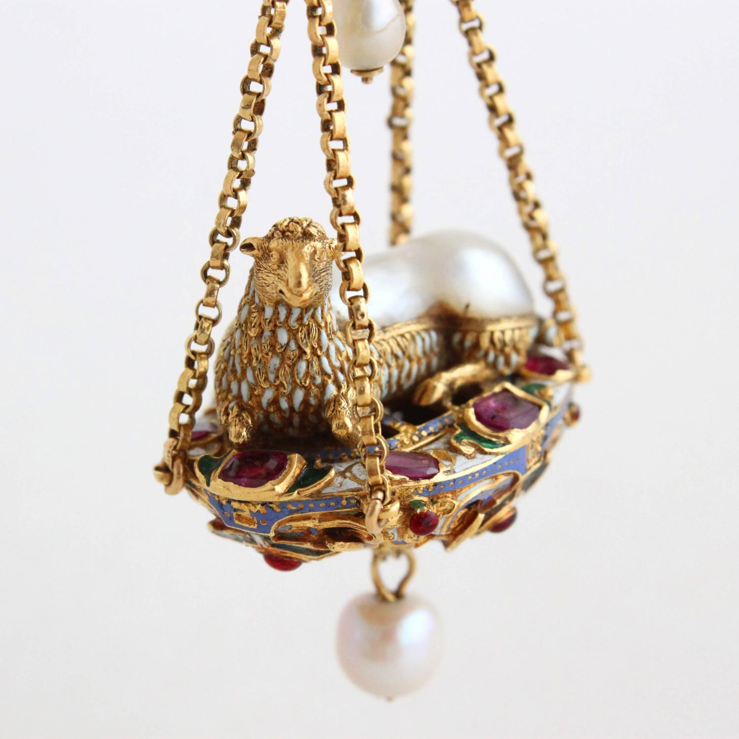 Rare Lamb of God Pearl Ruby Enamel Gold Pendant For Sale at 1stdibs