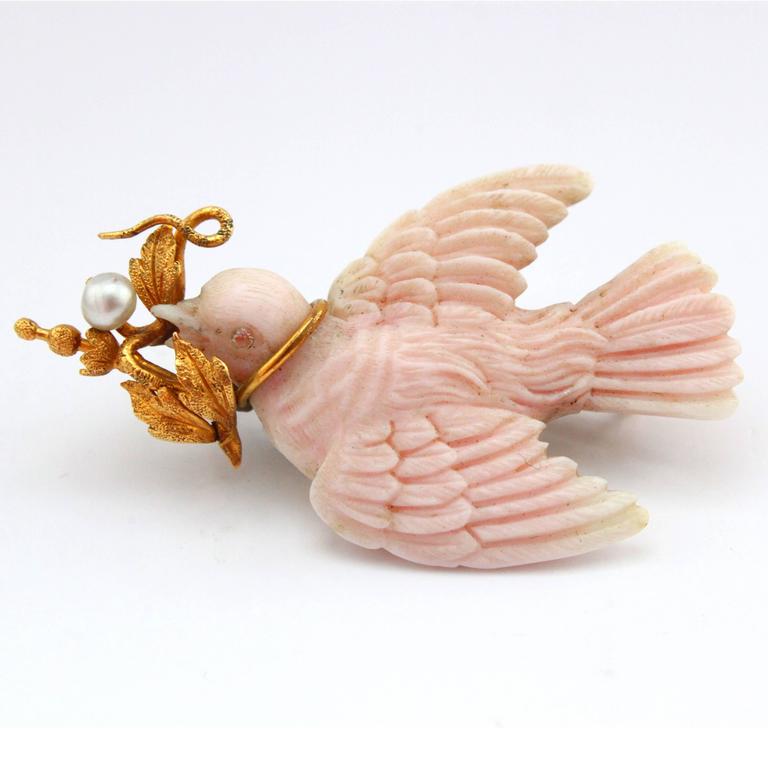 1890s Victorian Coral Gold Dove Brooch at 1stDibs