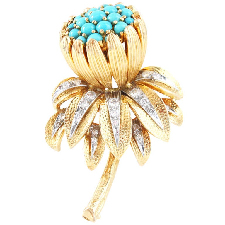 Kutchinsky Turquoise Diamond Gold Flower Brooch at 1stDibs | kutchinsky ...