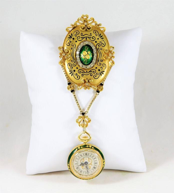 Victorian Ladies Yellow Gold Montreux Enamel Brooch Watch For Sale at ...