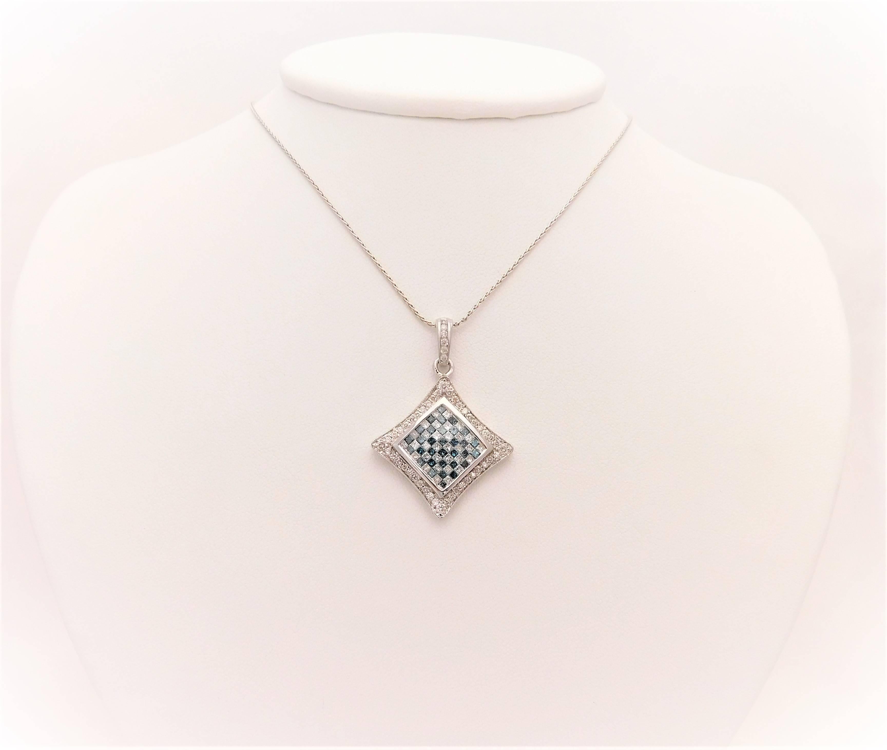 White and Blue-Green Diamond Checker Board Pendant Necklace For Sale at ...