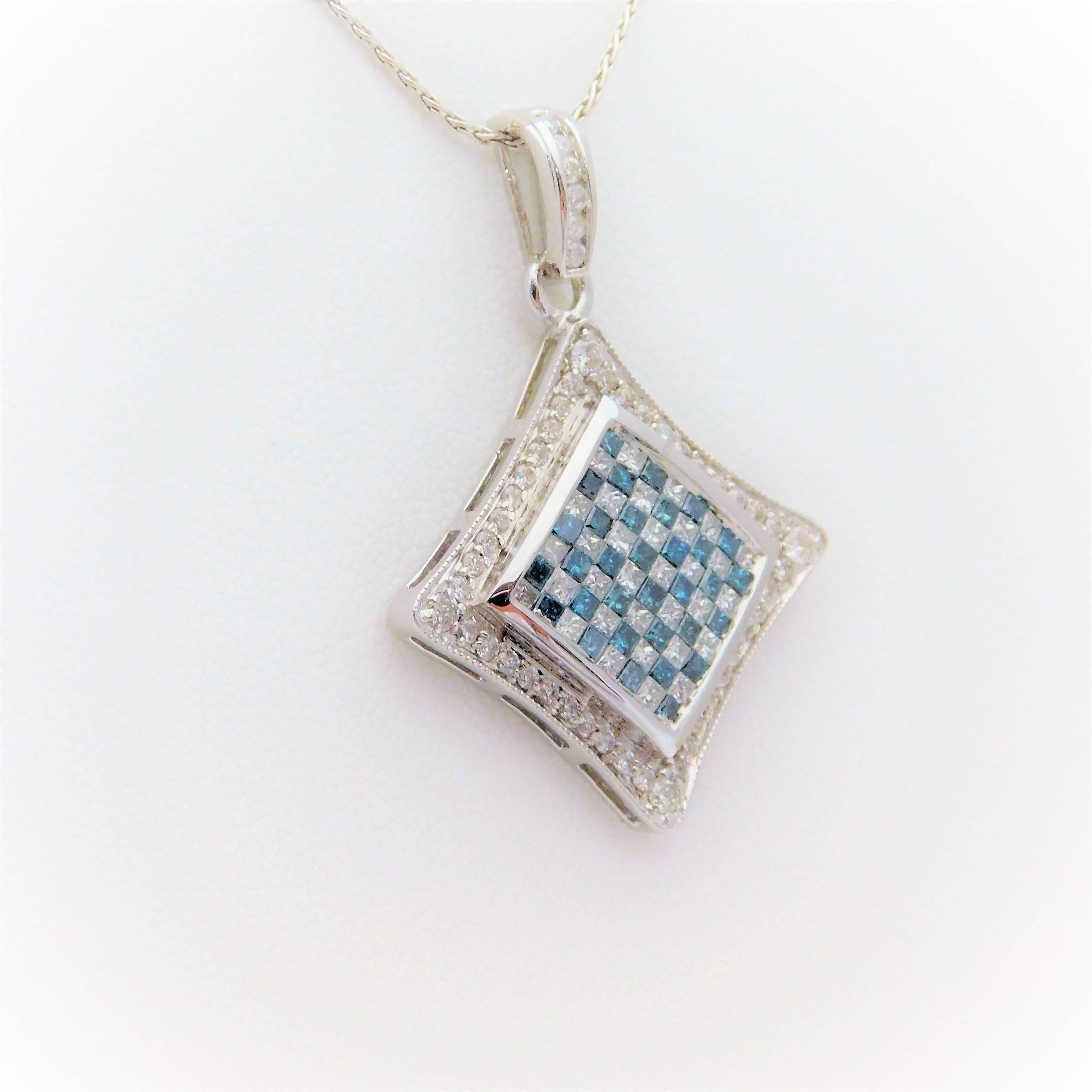 White and Blue-Green Diamond Checker Board Pendant Necklace For Sale at ...