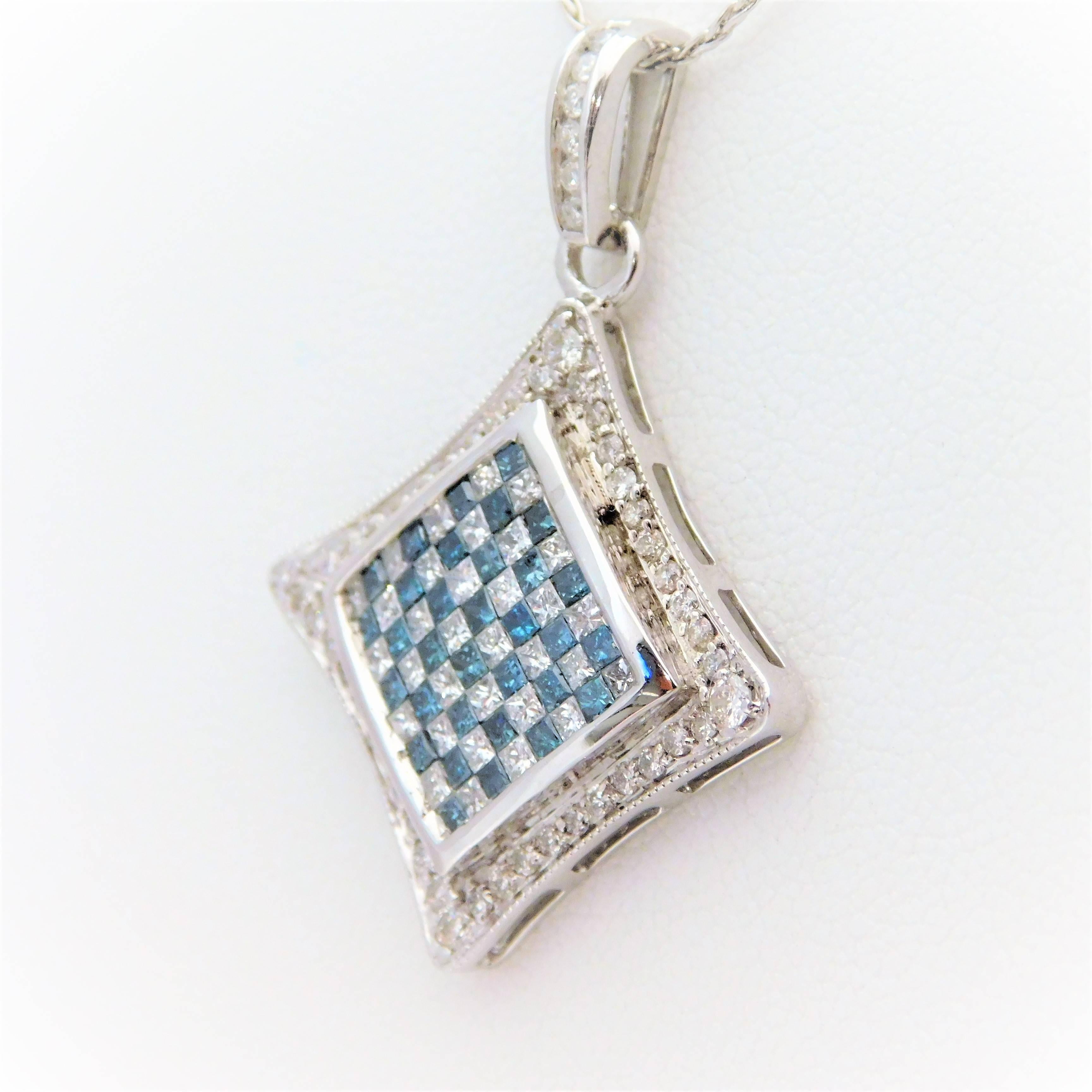 White and Blue-Green Diamond Checker Board Pendant Necklace For Sale at ...