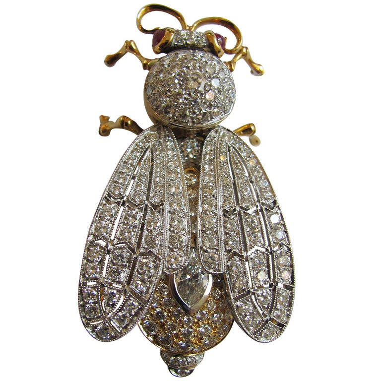 Ruby Diamond Gold Insect Brooch at 1stDibs