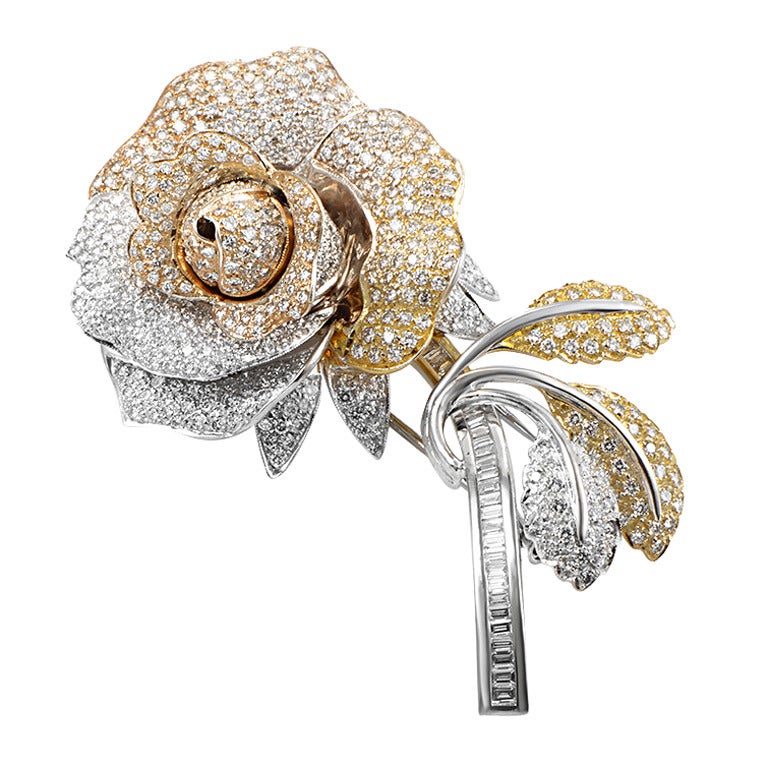 Diamond Three Color Gold Rose Brooch at 1stDibs