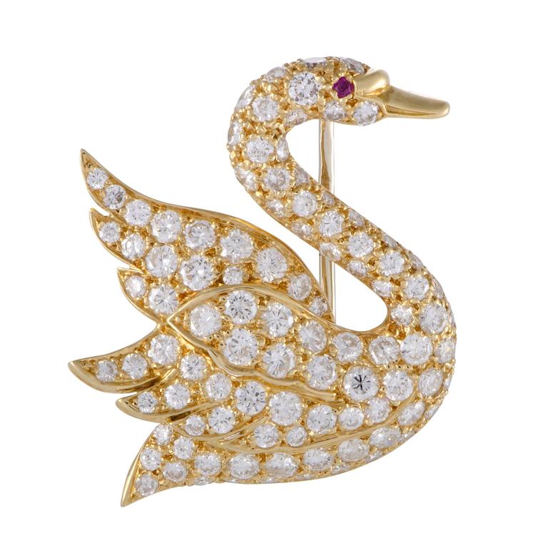 Mauboussin Ruby Full Diamond Pave Yellow Gold Swan Brooch at 1stDibs