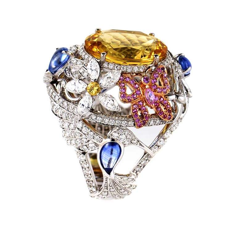 Garrard Multi Tone Gold Yellow Citrine and Sapphire Flower Ring at ...