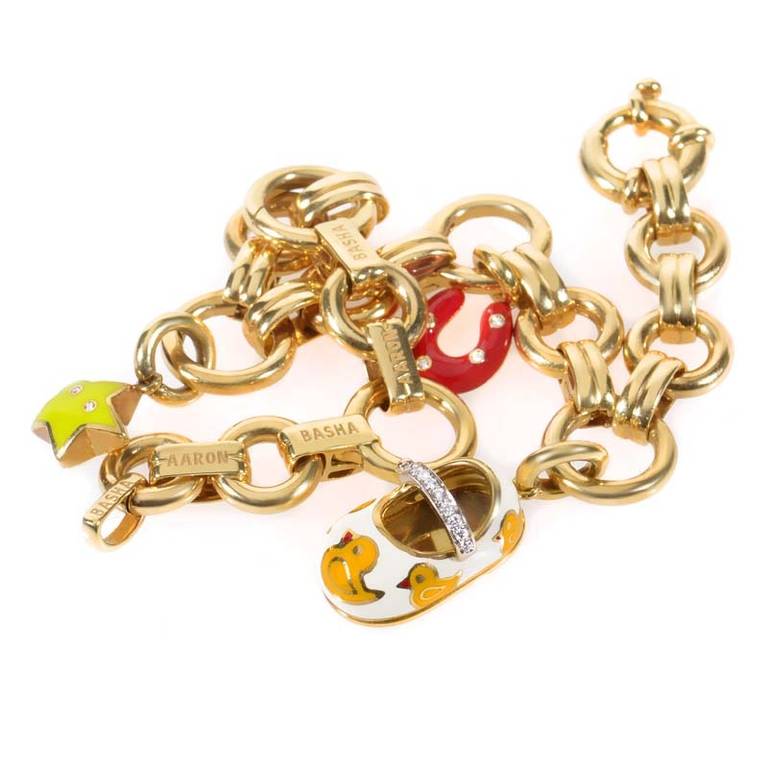 Aaron Basha Diamond Yellow Gold Charm Bracelet at 1stDibs