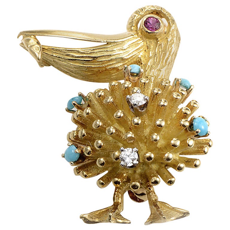 Precious Gemstone Yellow Gold Pelican Brooch at 1stDibs