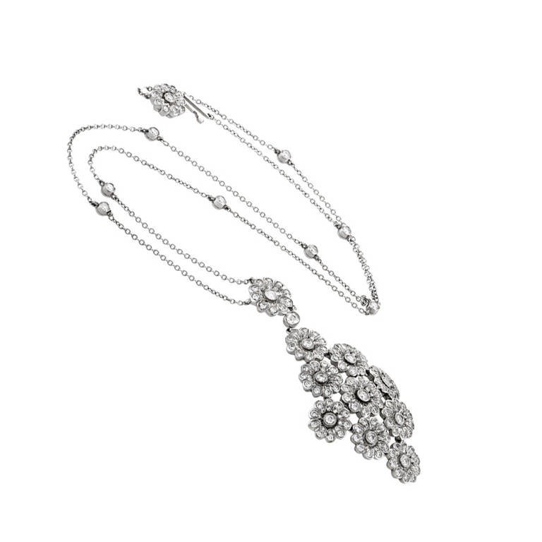 Tiffany and Co. Diamond Platinum Flower Cluster Pendant Necklace at 1stDibs