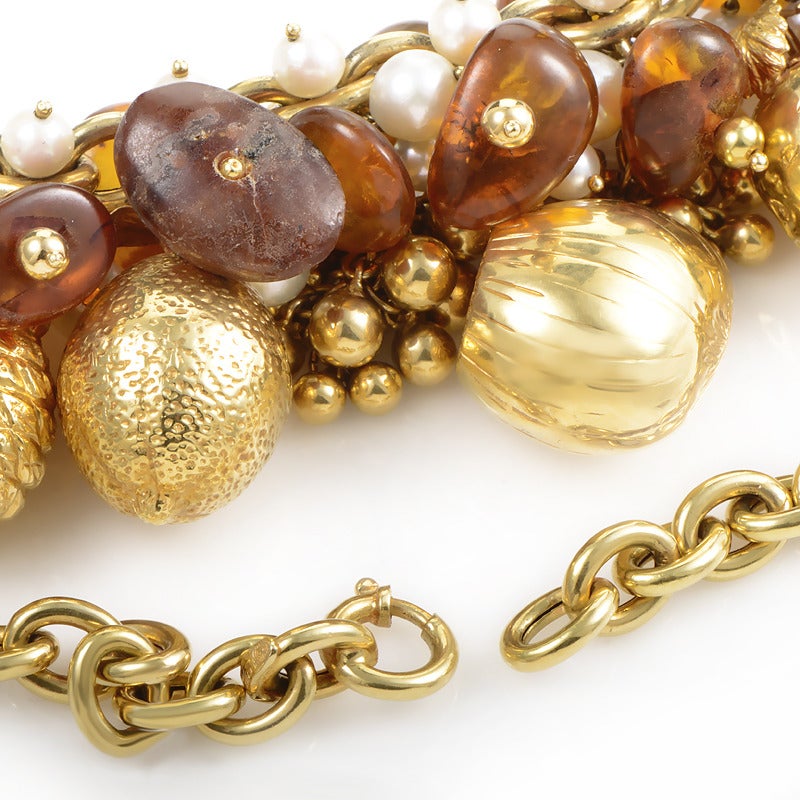 Pearl Amber Yellow Gold Charms Necklace at 1stDibs