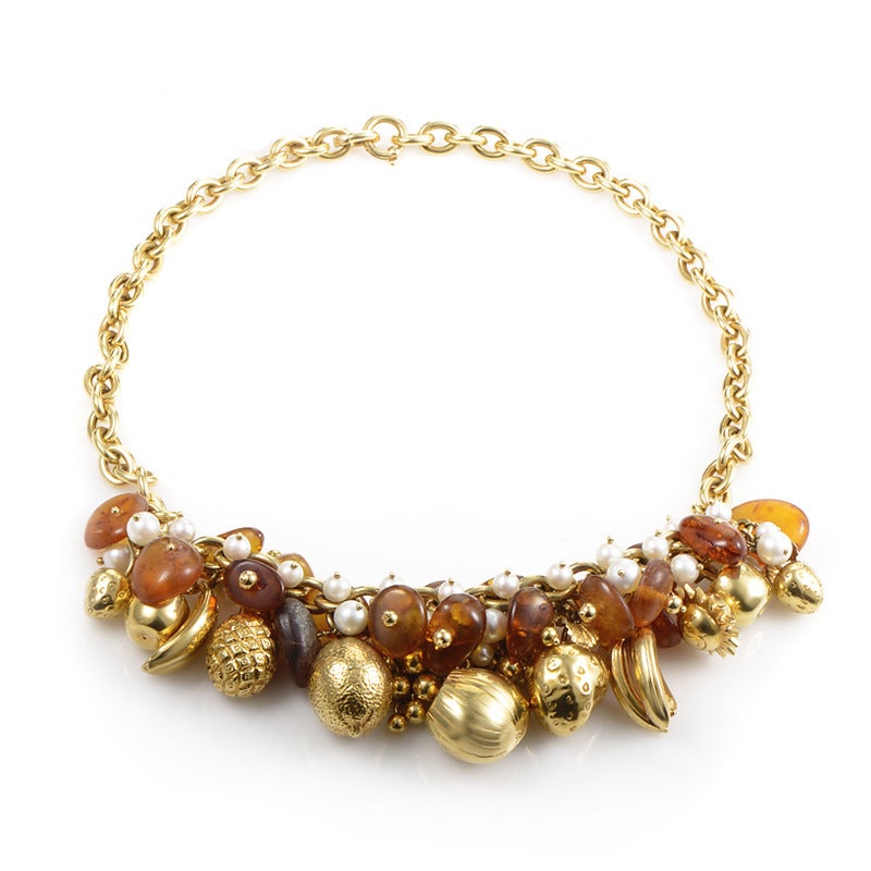 Pearl Amber Yellow Gold Charms Necklace at 1stDibs