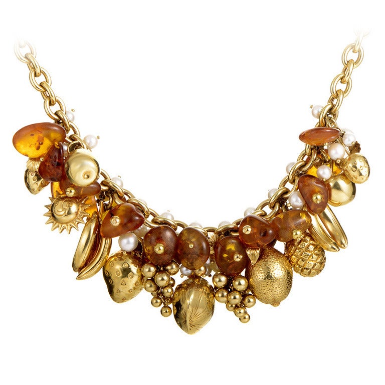 Pearl Amber Yellow Gold Charms Necklace at 1stDibs