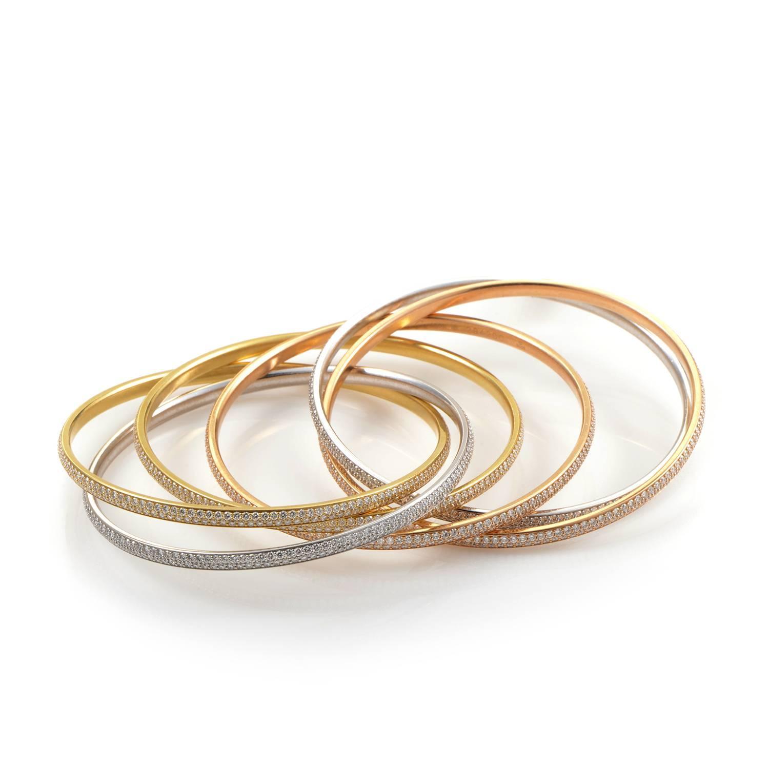 Carter Trinity Diamond Multicolor Gold Pave Bangles at 1stdibs