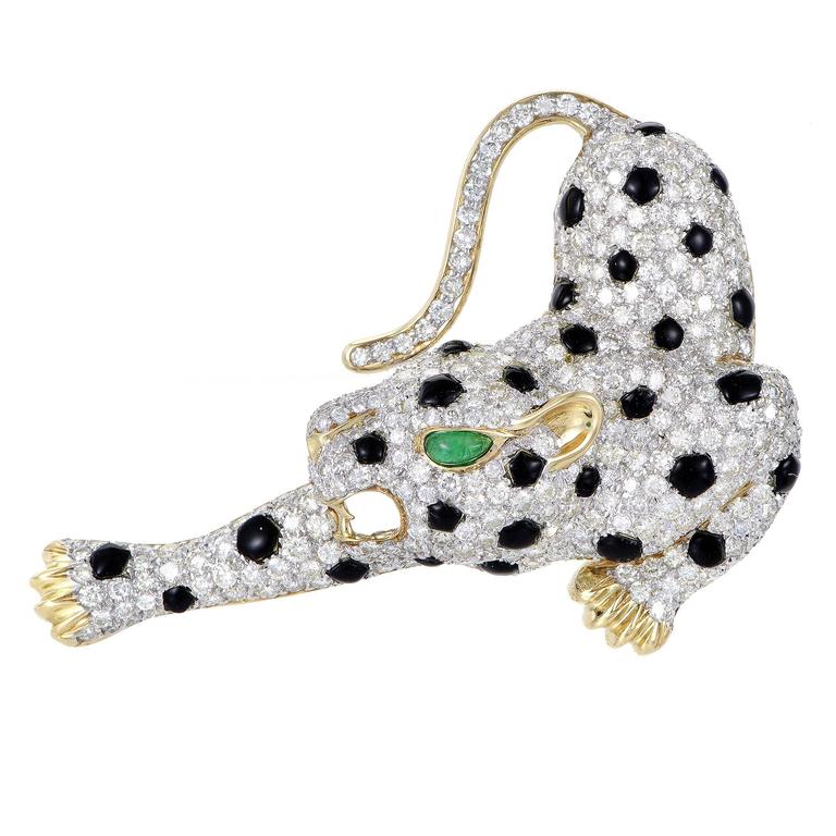 Diamond Pave Snow Leopard Brooch Pendant and Gold Necklace at 1stDibs