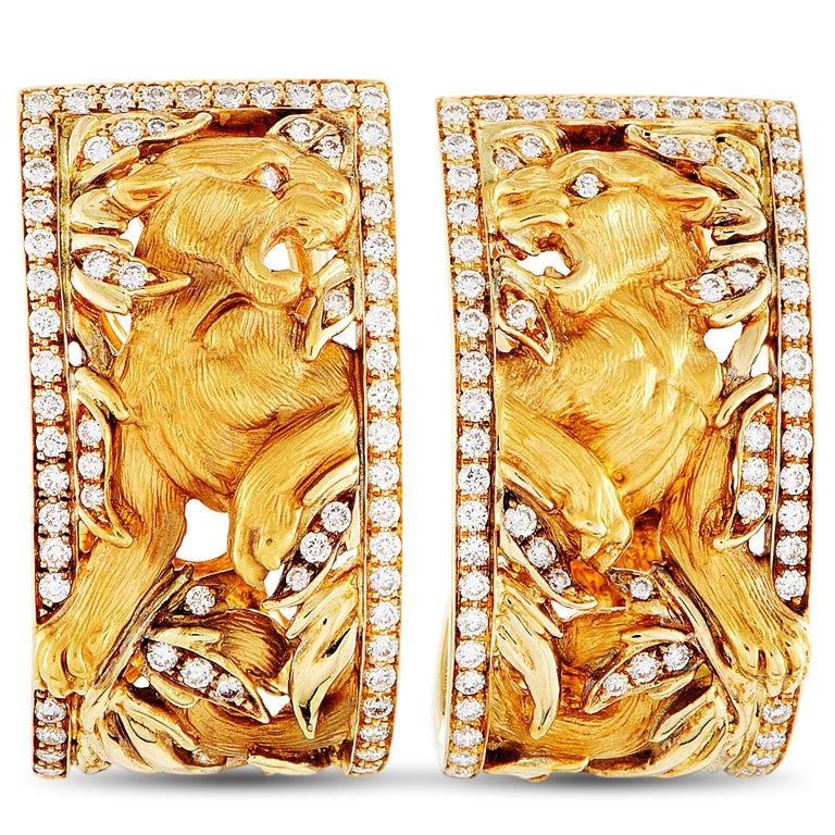 Magerit Puma 18 Karat Yellow Gold Diamond Omega Back Earrings at 1stDibs