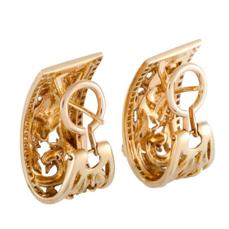 Magerit Puma 18 Karat Yellow Gold Diamond Omega Back Earrings at 1stDibs