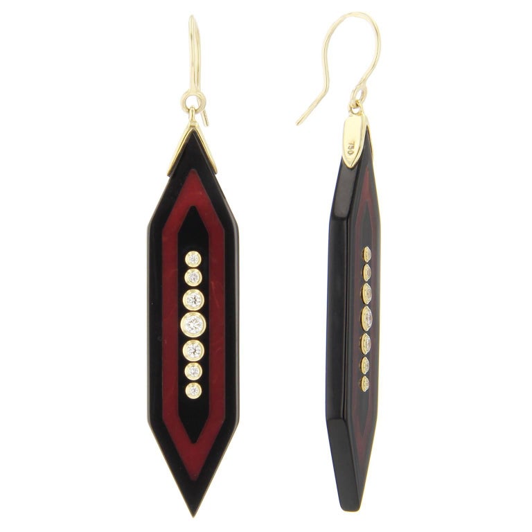 Mark Davis Bakelite Diamond Yellow Gold Pendant Earrings at 1stDibs