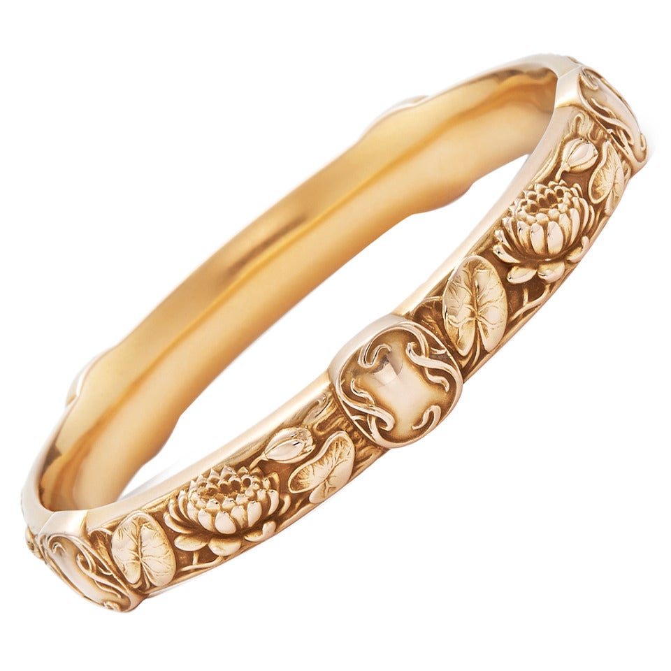 Riker Brothers Art Nouveau 14 Karat Yellow Gold Iris Flower Bangle ...