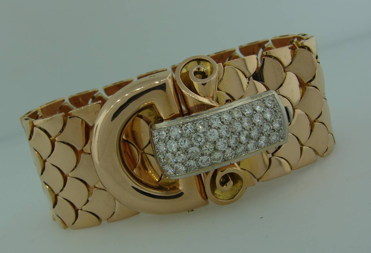 1940s Boucheron Paris Diamond Gold Buckle Bracelet at 1stDibs