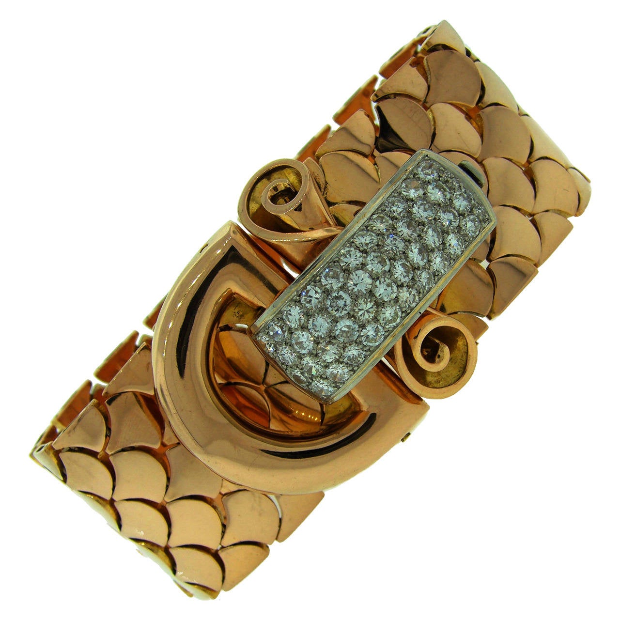 1940s Boucheron Paris Diamond Gold Buckle Bracelet at 1stDibs