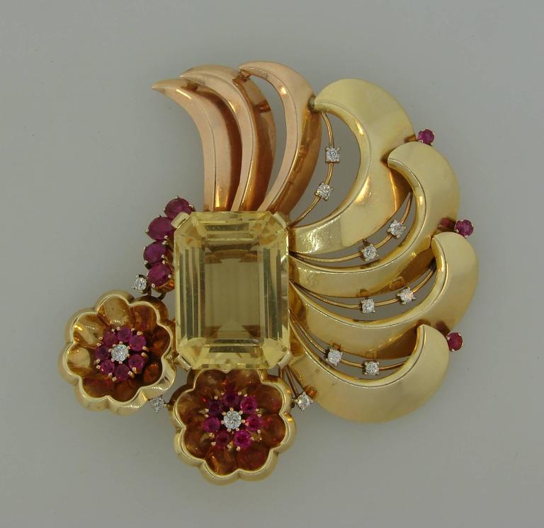 Paul Flato Citrine Ruby Diamond Gold Retro Clip Pin Brooch at 1stDibs ...