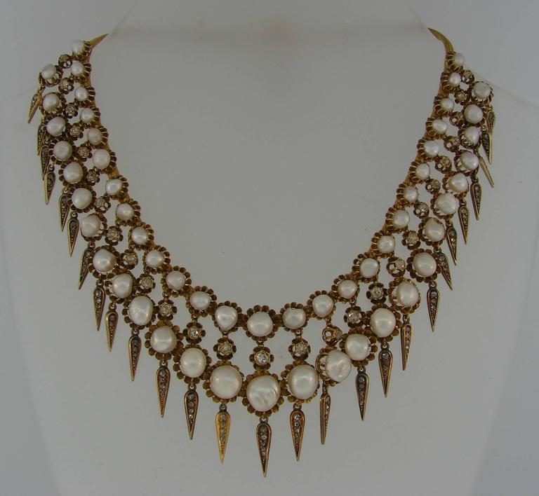 Victorian Natural Pearl Diamond Gold Necklace For Sale at 1stDibs