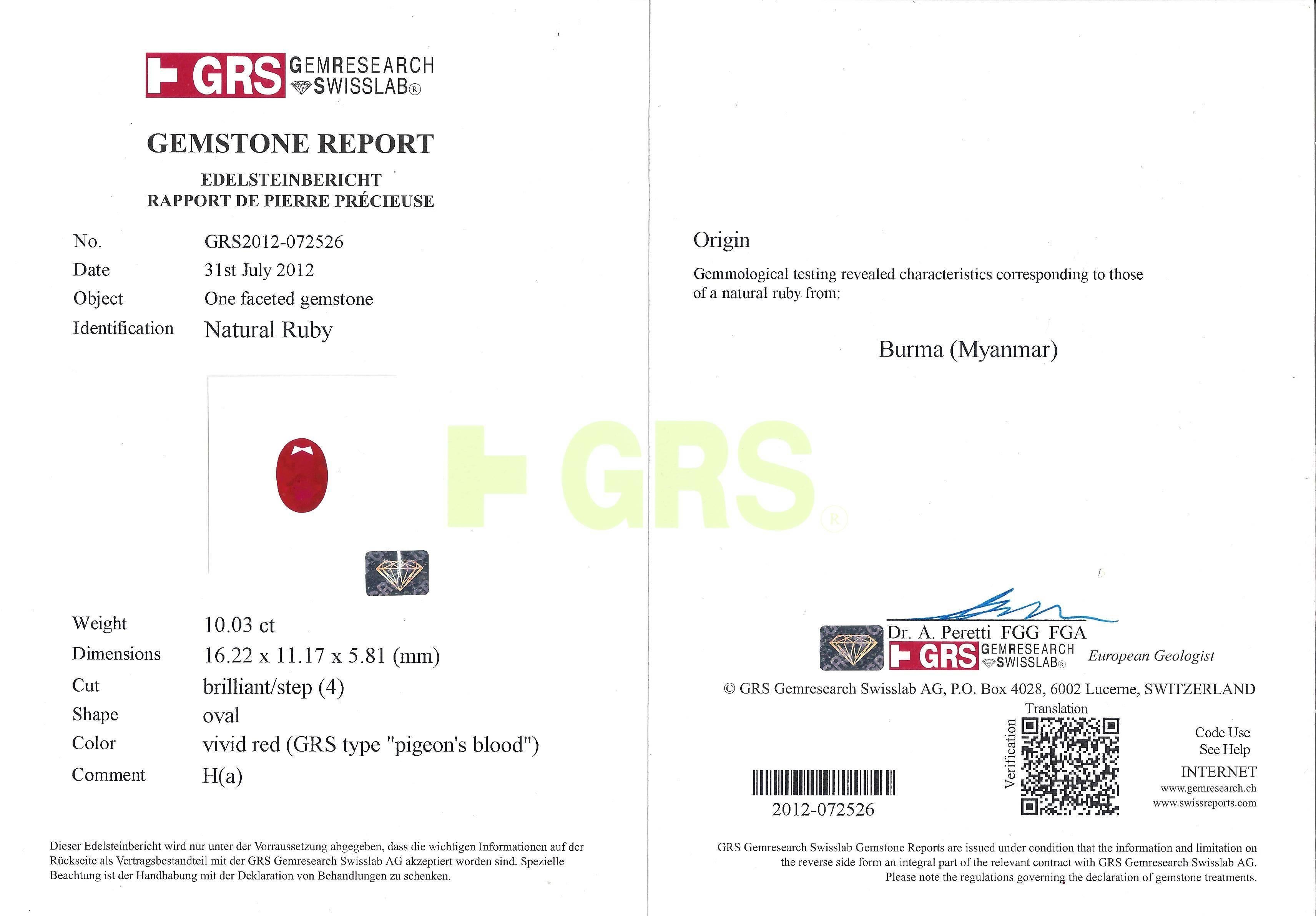 10.03 Carat GRS Certificate Burmese Ruby Diamond Platinum Ring at 1stDibs